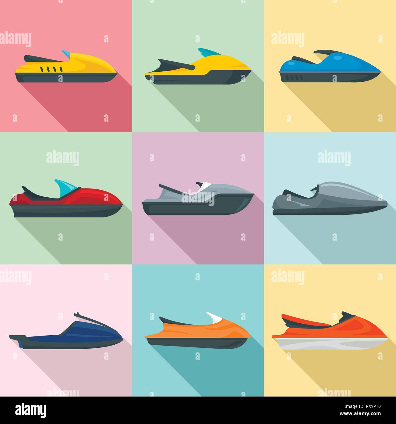 Jet ski icons set. Flat set of jet ski vector icons for web design ...