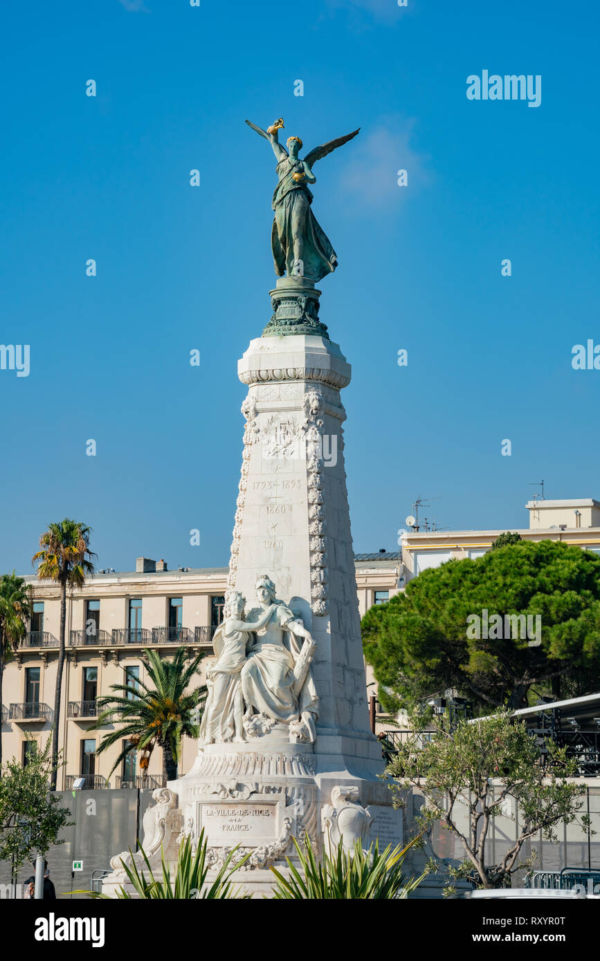 Morning view of the beautiful Centenary Monument statue at Nice, France ...