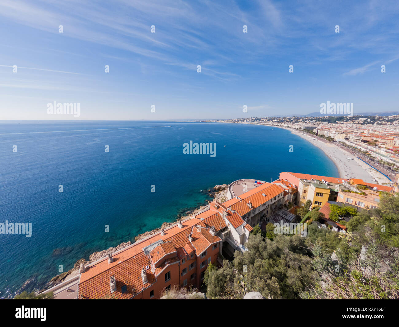 Aerial morning view of the famous Angel's Bay with downtown cityscape ...