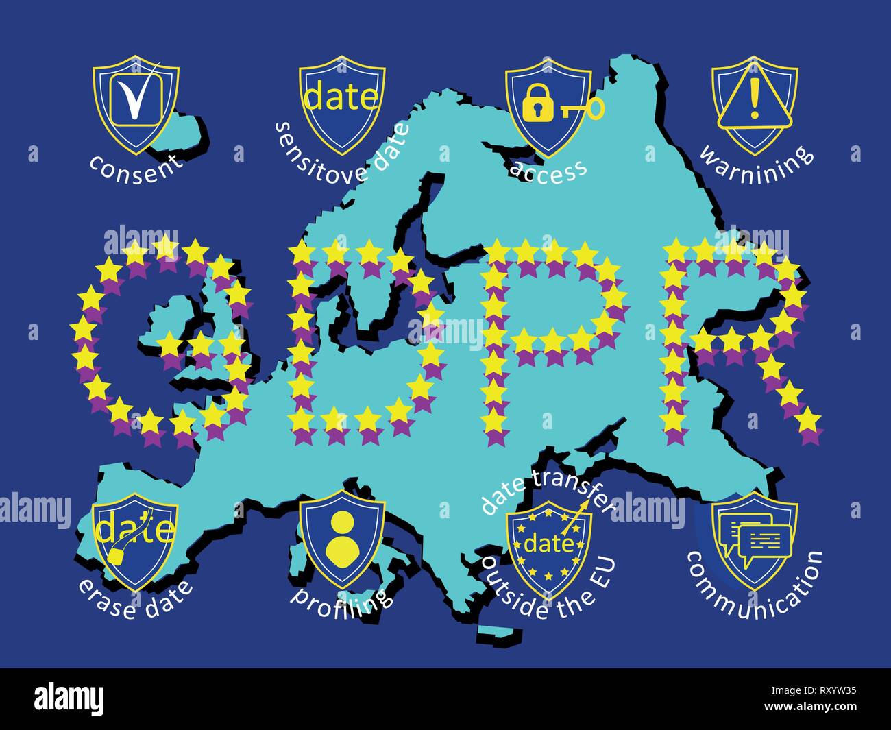 GDPR - General Data Protection Regulation. EU map and flag. Vector ...