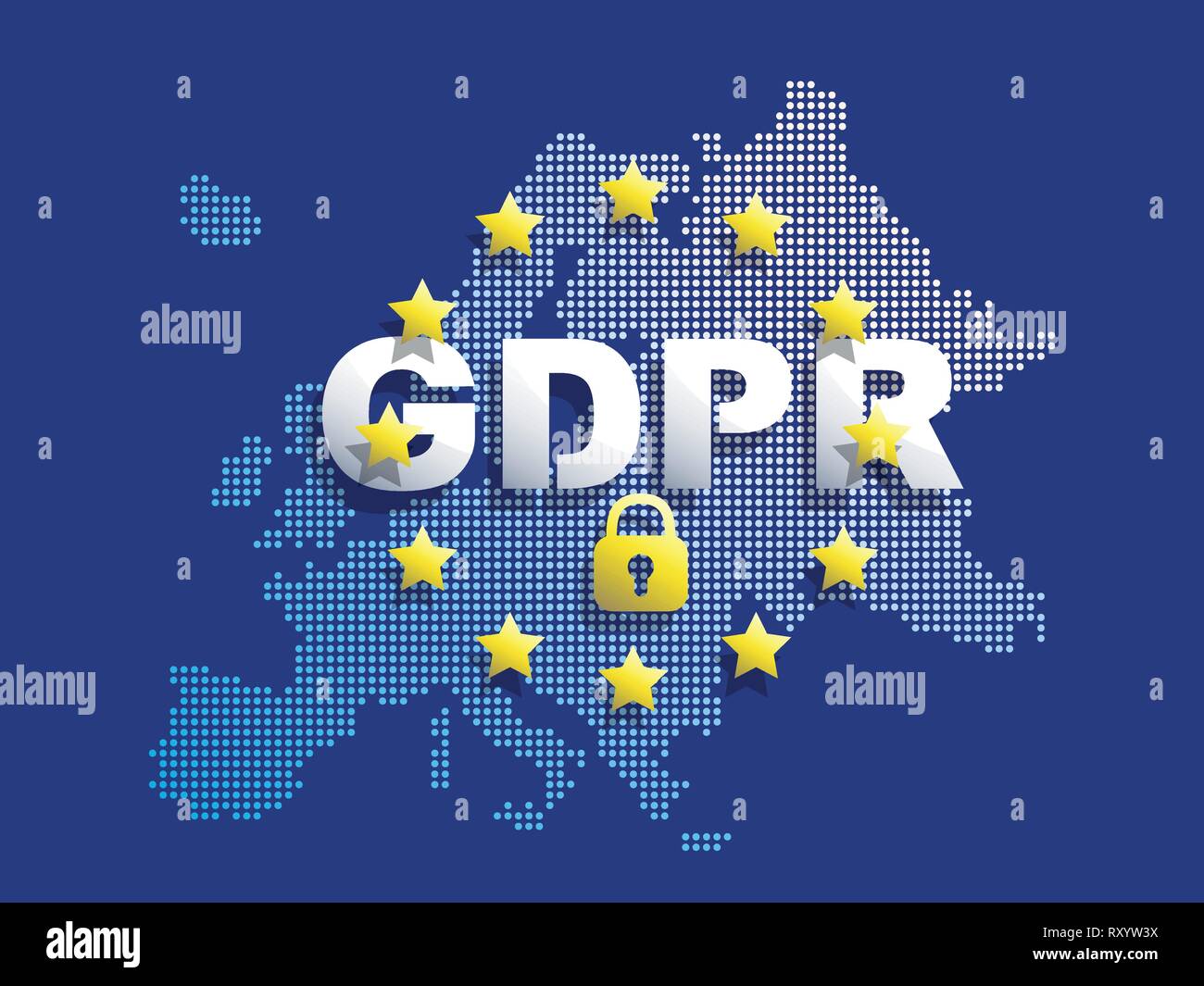 GDPR - General Data Protection Regulation. Dotted Europe map and flag ...