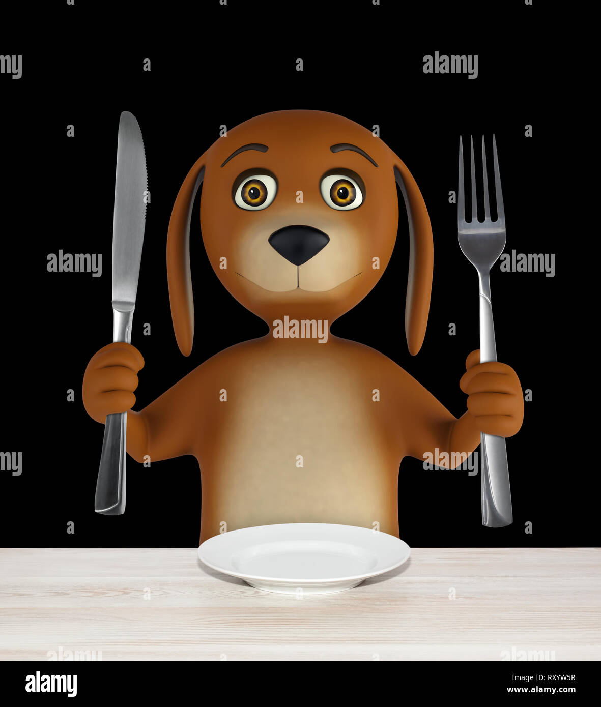 Hungry cartoon dog with empty bowl holds a knife and fork. isolated on ...