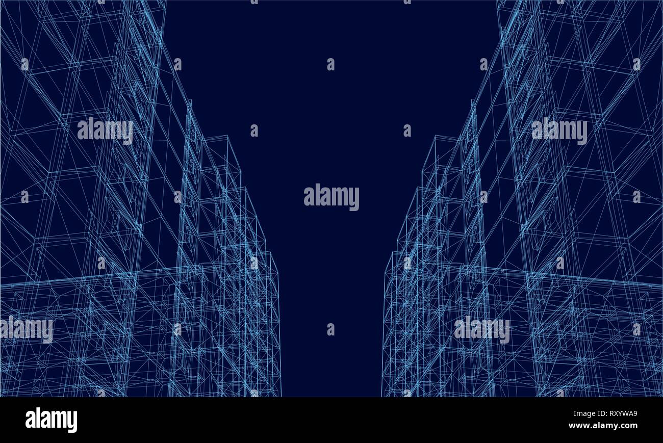 Background with wireframe polygonal buildings on the sides. 3D. The ...