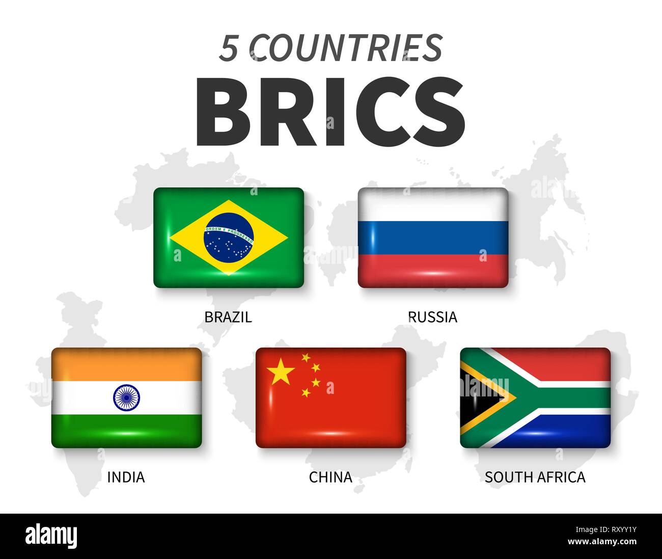 BRICS and membership flag . Association of 5 countries . Round angle ...
