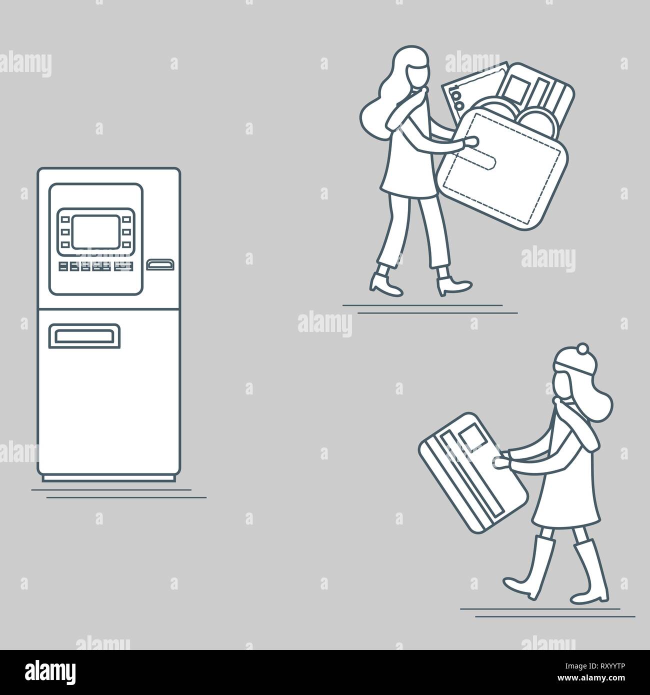 Vector illustration with two girls use ATM services. Bank card, wallet ...