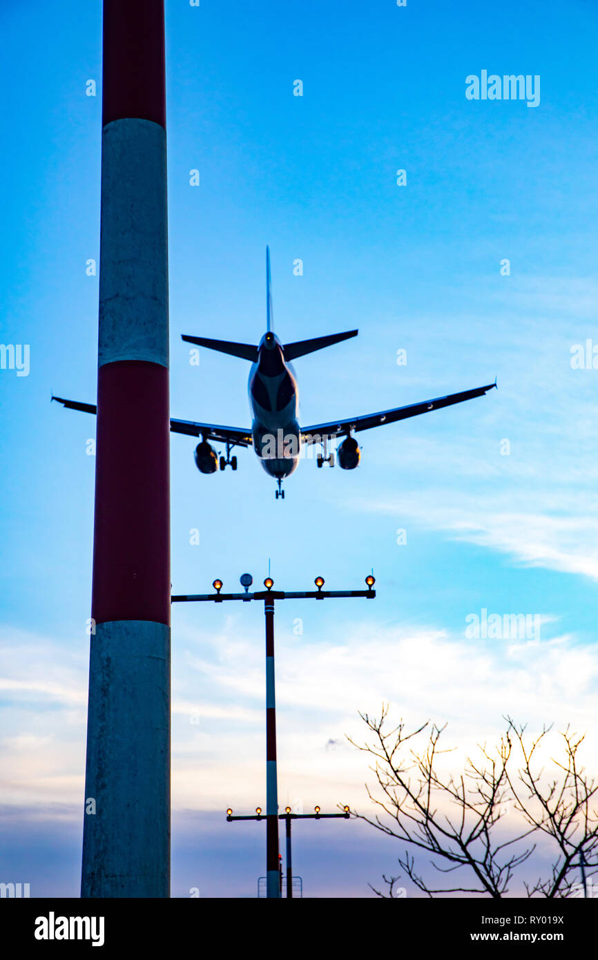 Dusseldorf International Airport, DUS, plane lands on the northern ...
