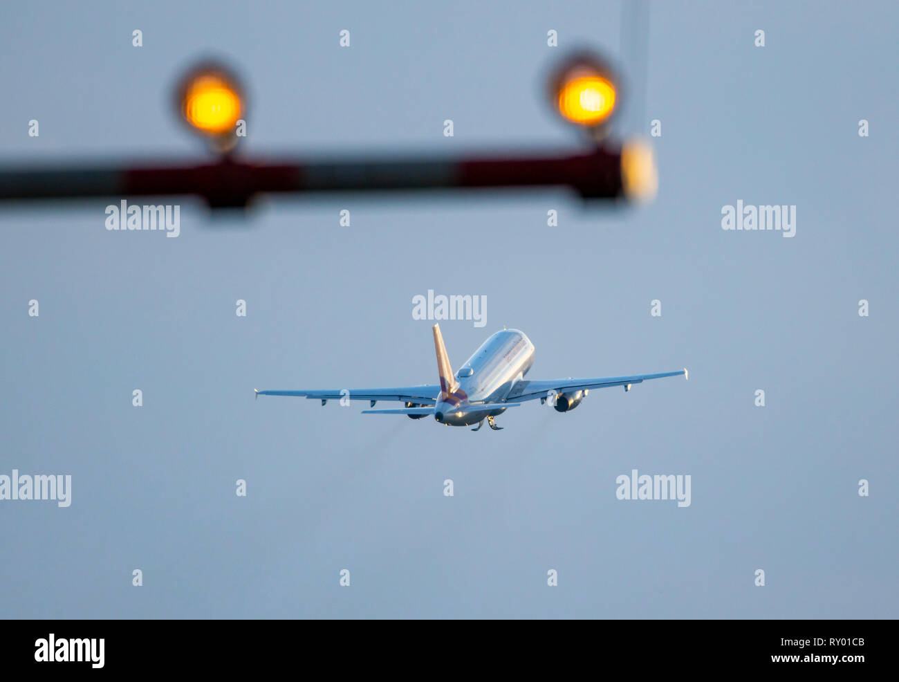 Dusseldorf International Airport, DUS, plane lands on the northern ...
