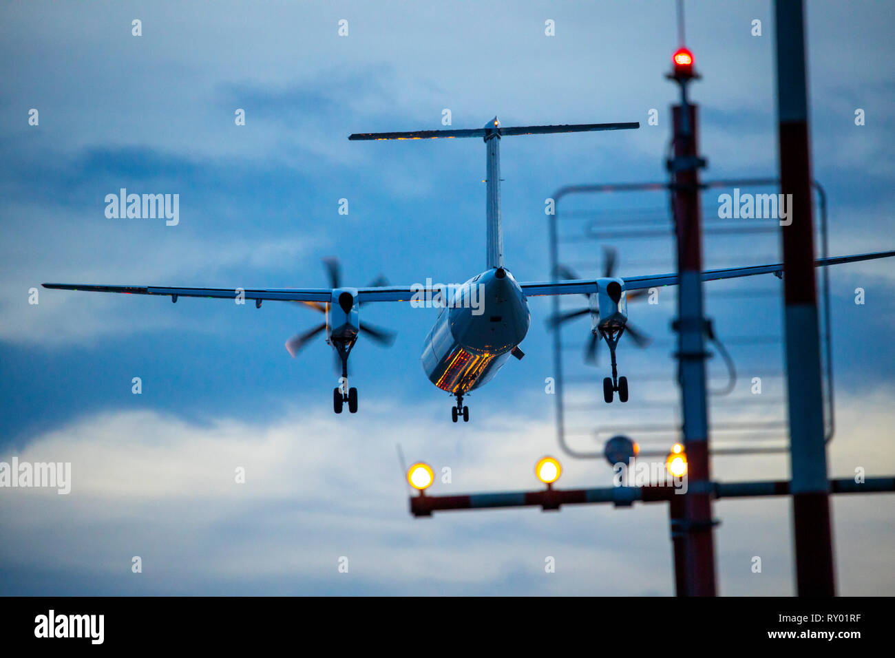 Dusseldorf International Airport, DUS, plane lands on the northern ...