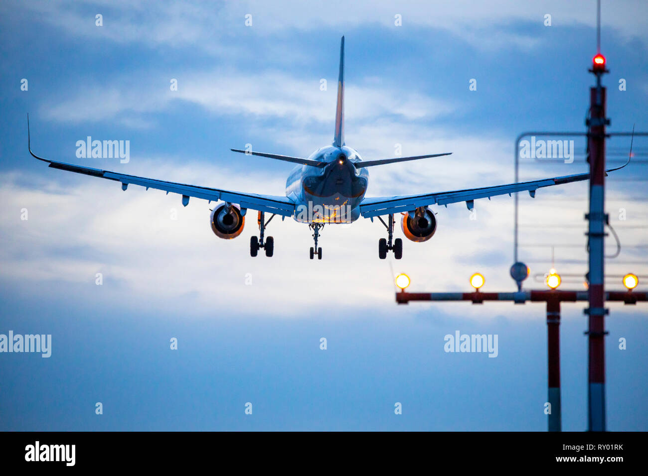 Dusseldorf International Airport, DUS, plane lands on the northern ...