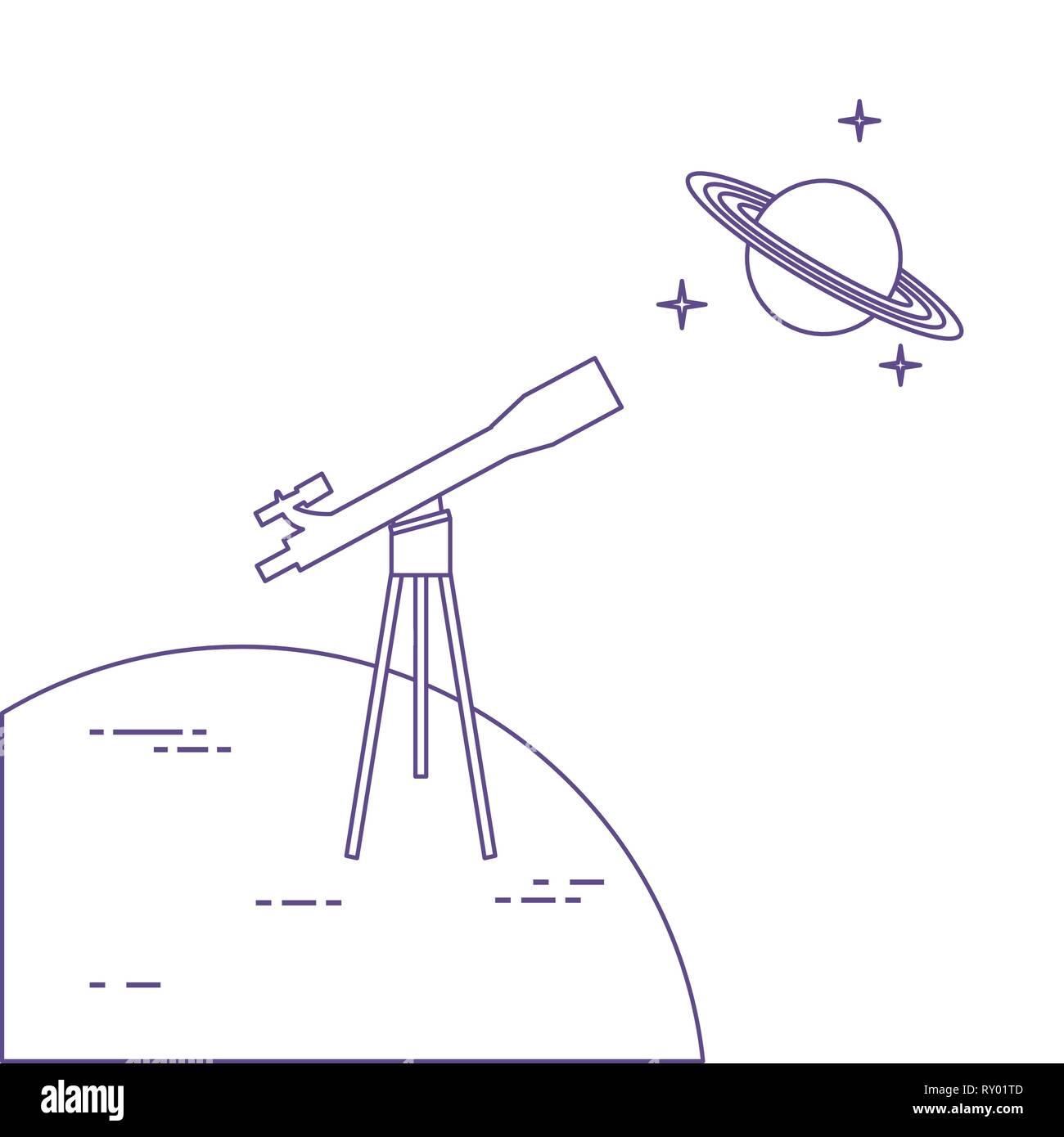 Vector illustration with telescope, planet Saturn with ring system ...