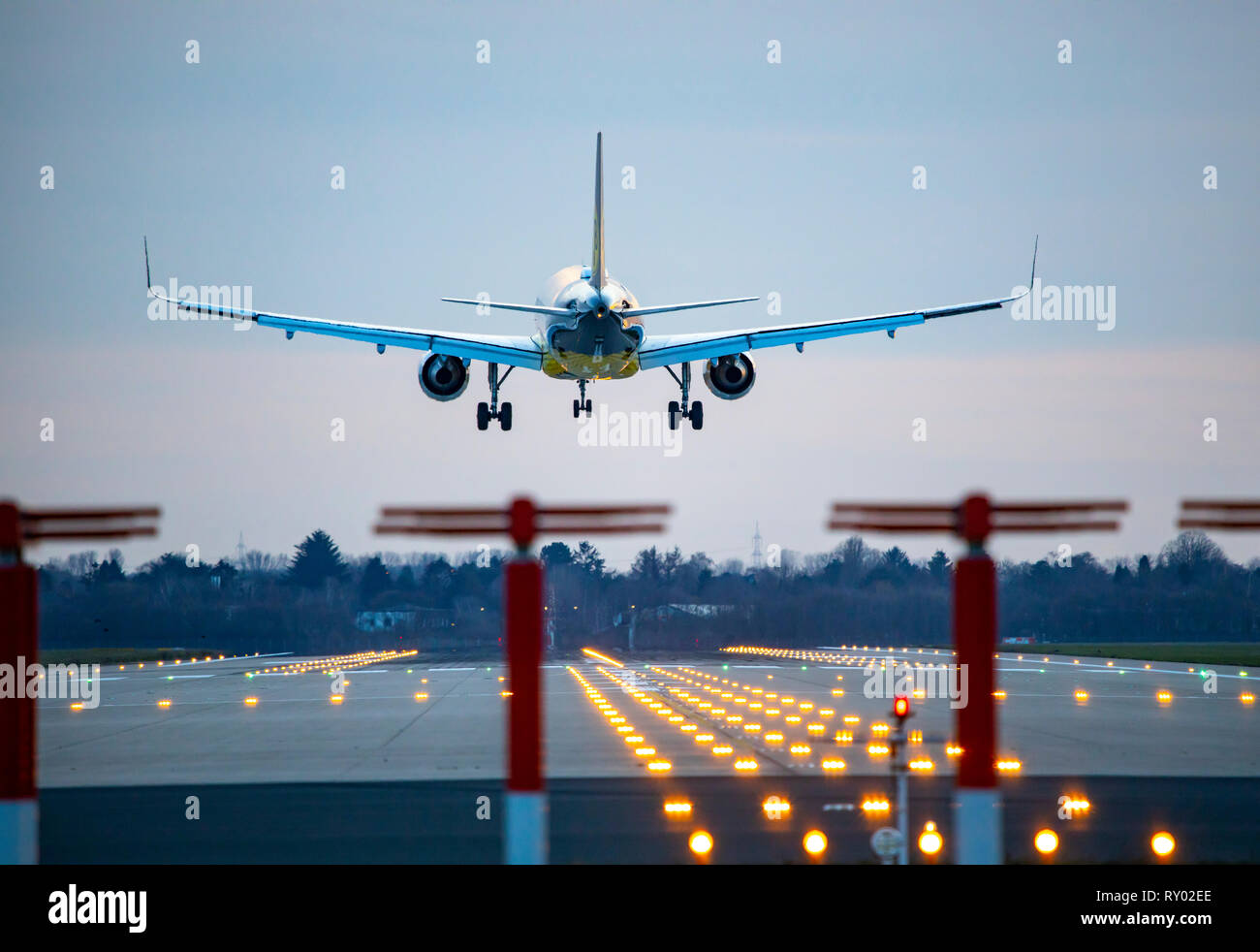 Dusseldorf International Airport, DUS, plane lands on the northern ...