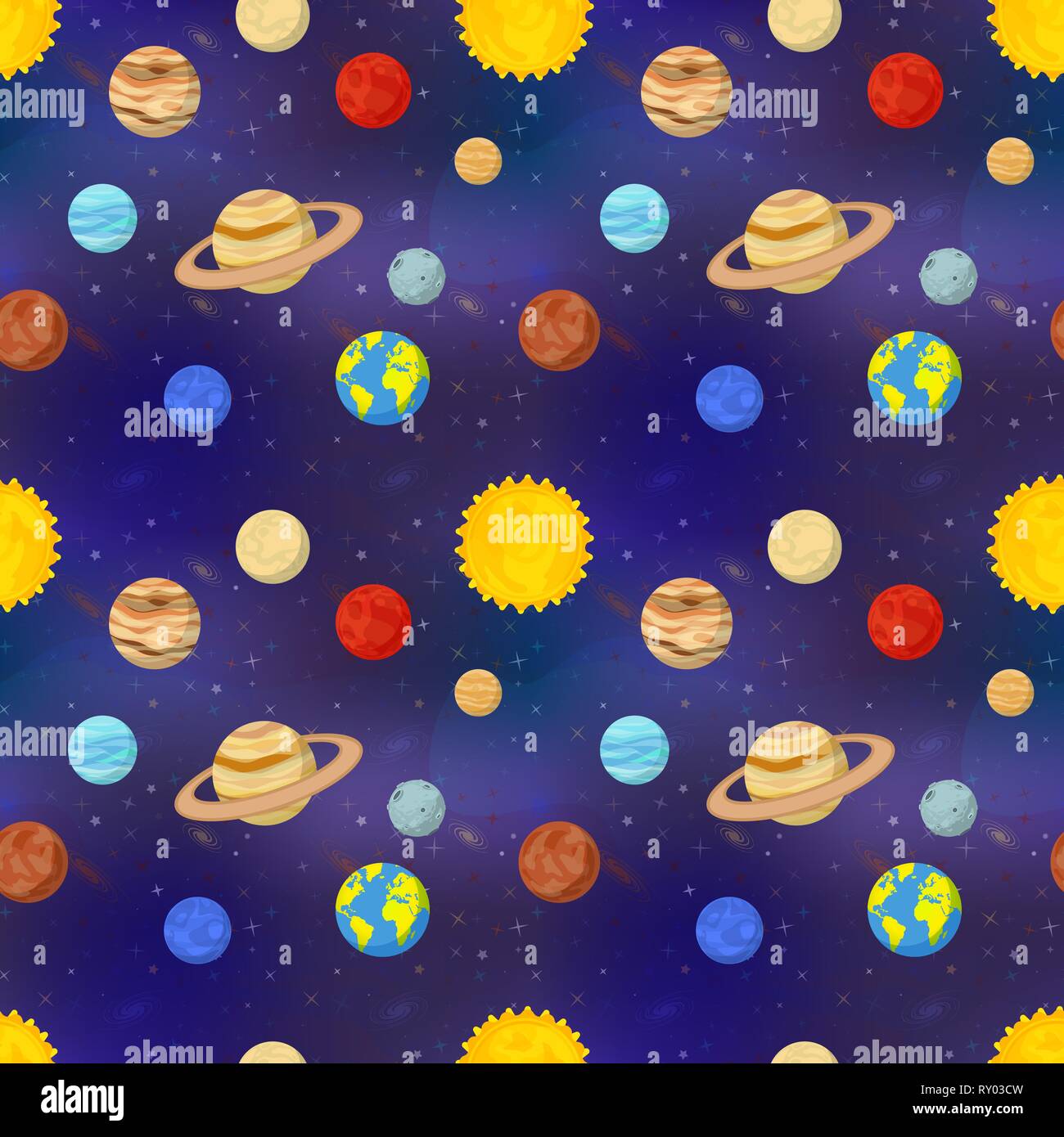 A lot of bright cartoon planets of solar system on deep space ...