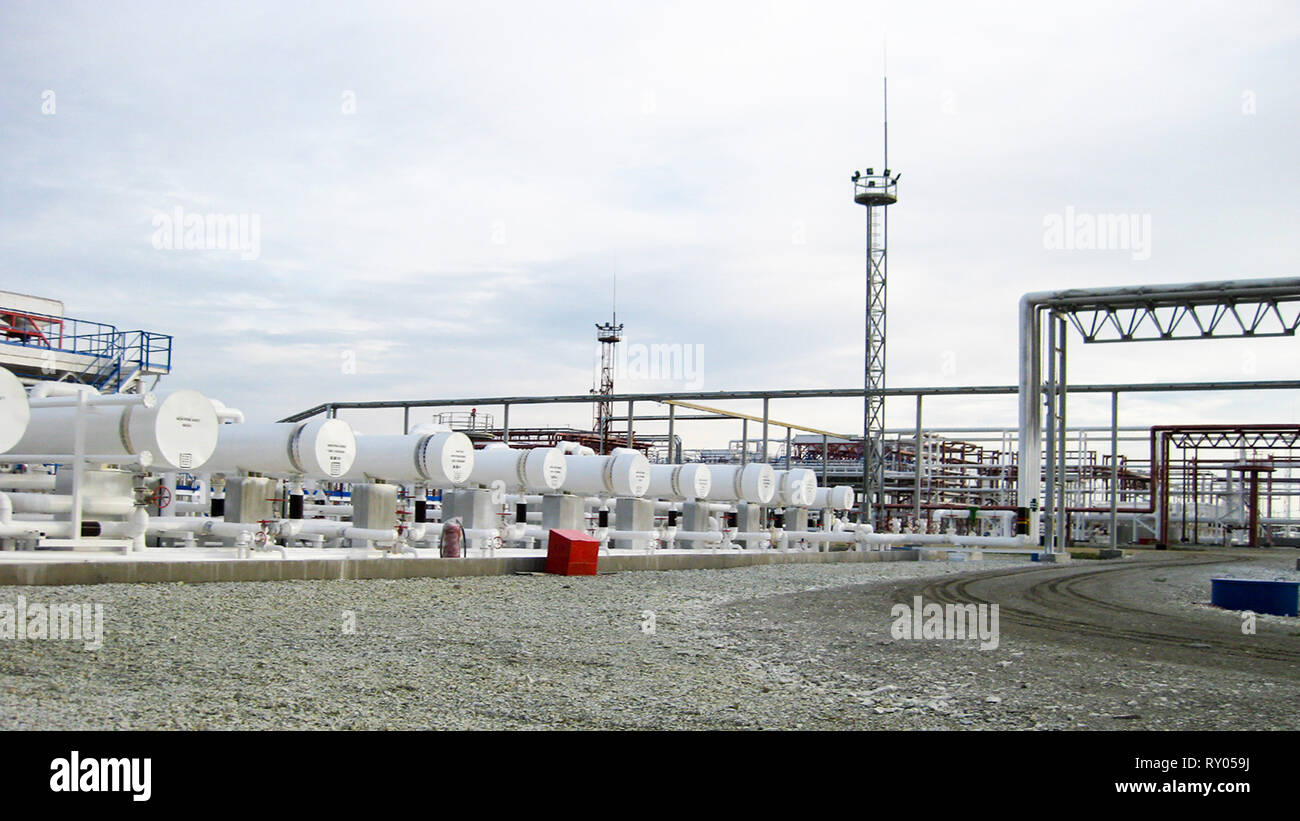 Heat exchangers in a refinery. The equipment for oil refining Stock ...