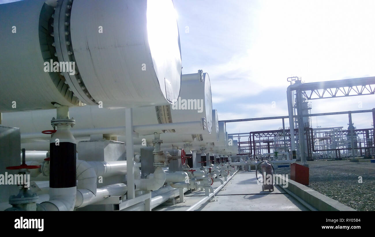Heat exchangers in a refinery. The equipment for oil refining Stock ...