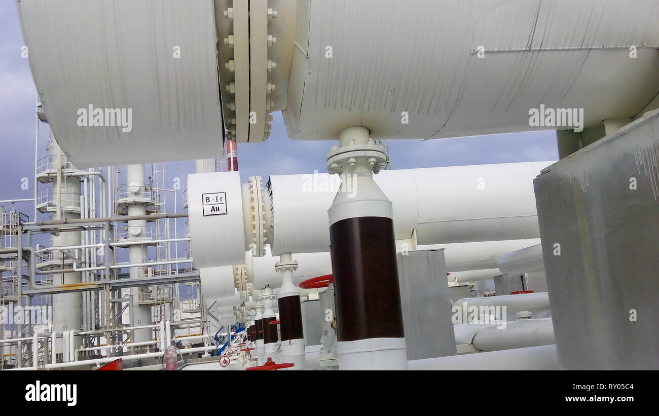 Heat exchangers in a refinery. The equipment for oil refining Stock ...