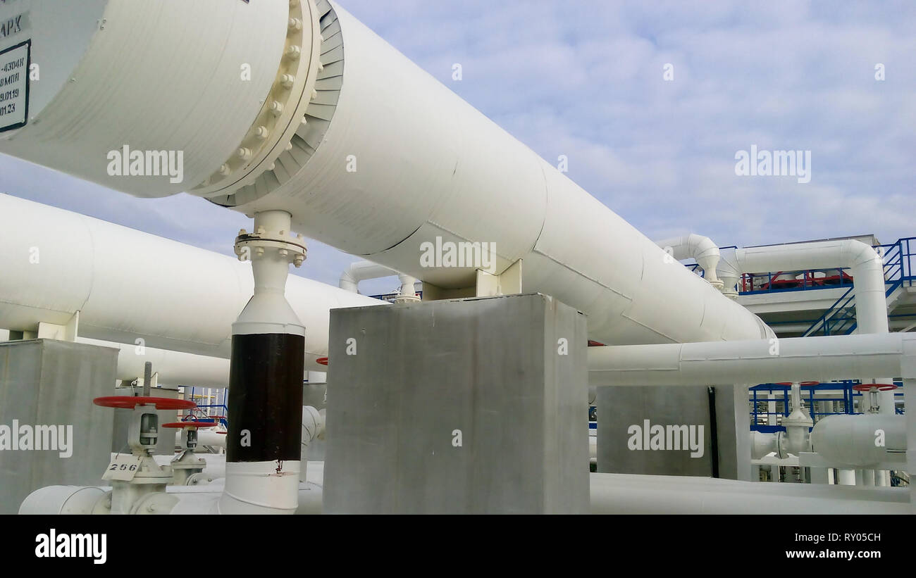 Heat exchangers in a refinery. The equipment for oil refining Stock ...