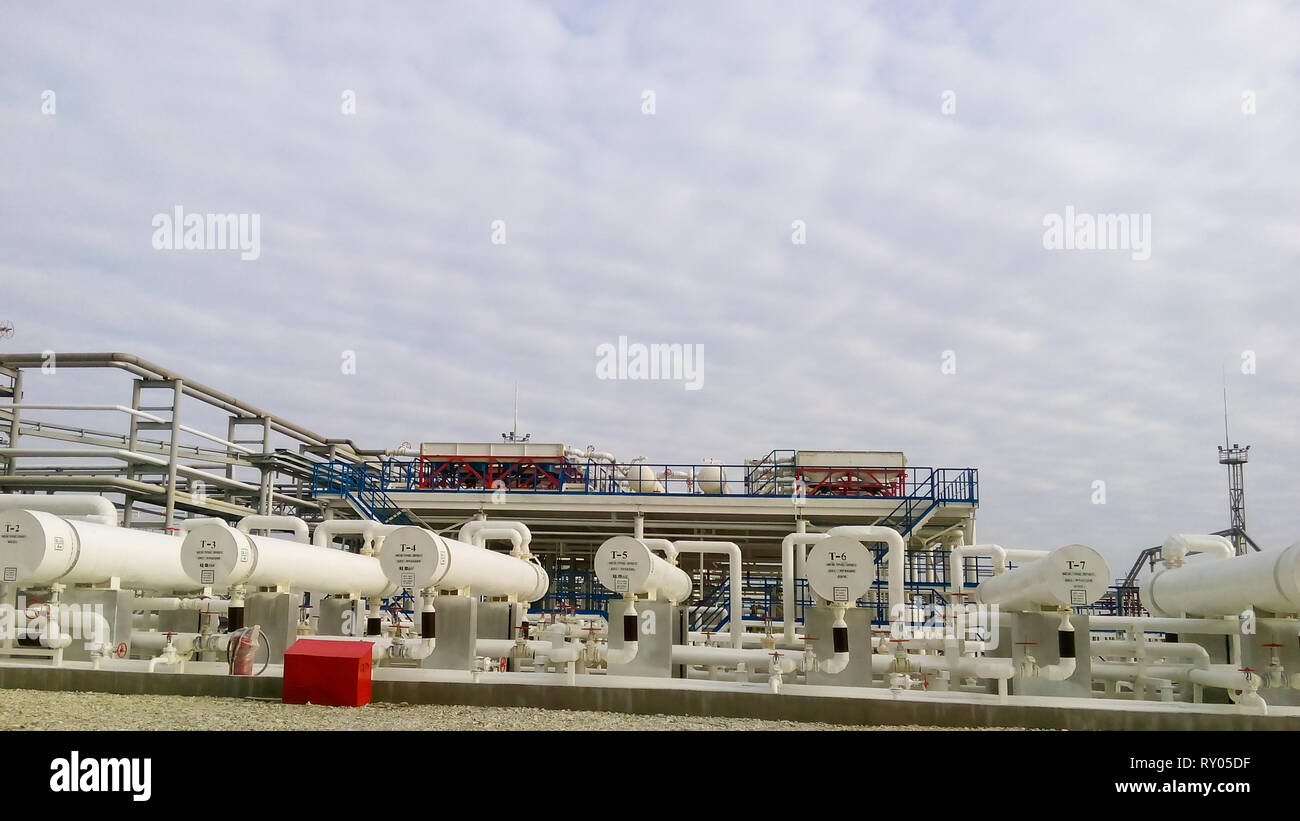 Heat exchangers in a refinery. The equipment for oil refining Stock ...