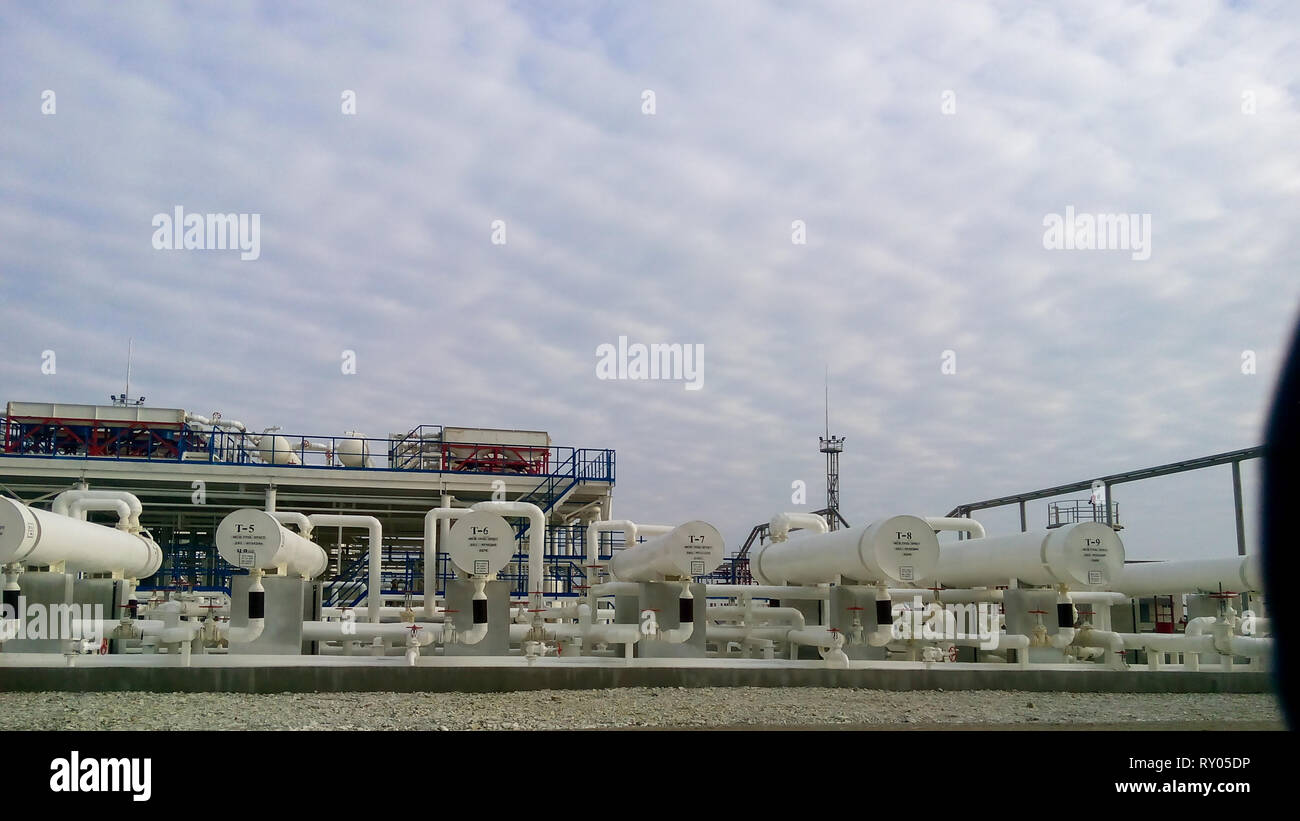 Heat exchangers in a refinery. The equipment for oil refining Stock ...