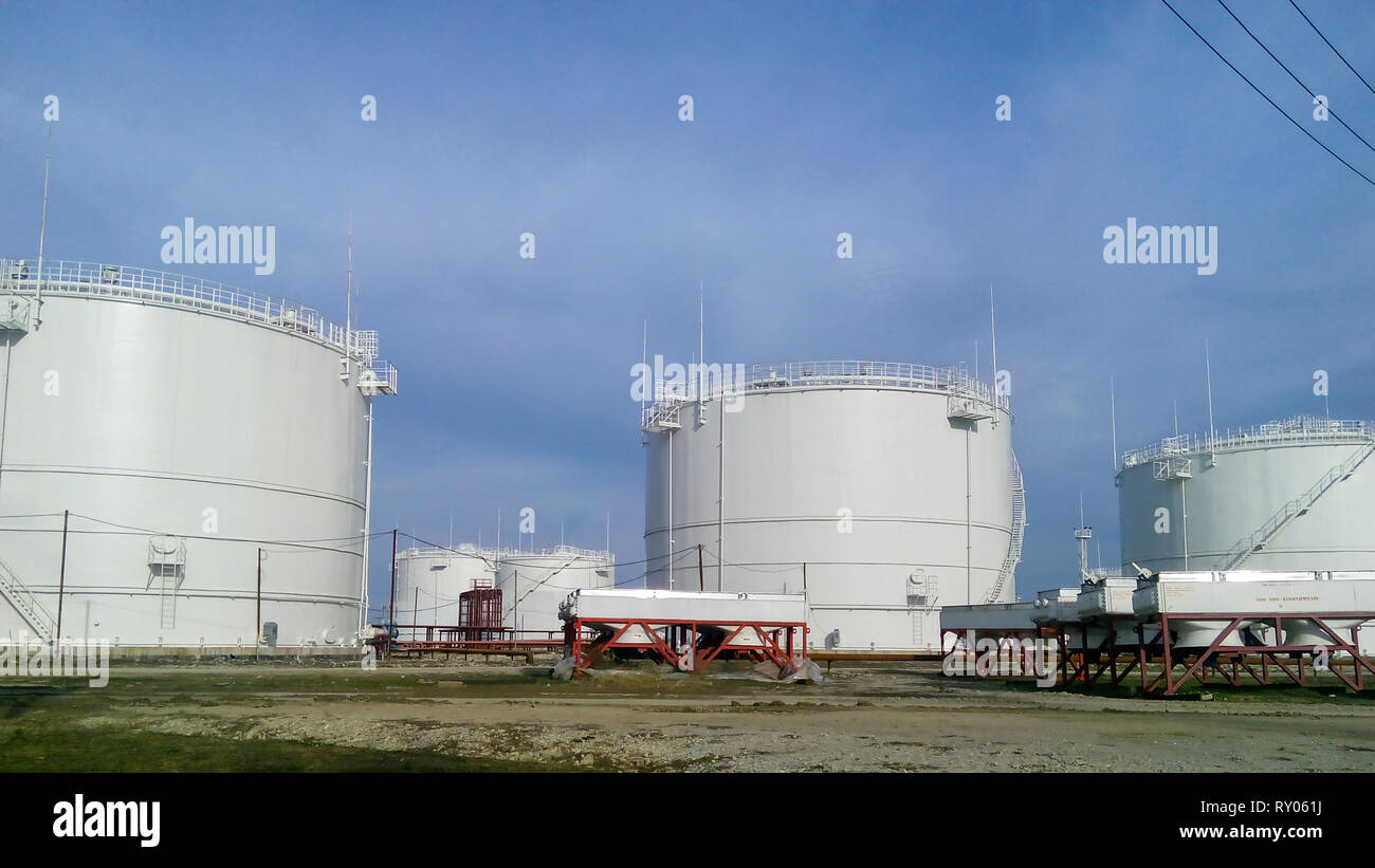 Storage tanks for petroleum products. Equipment refinery Stock Photo ...