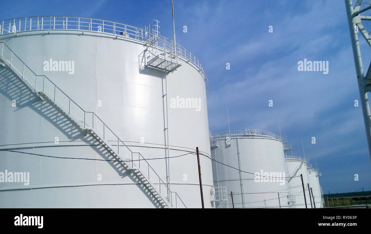 Storage tanks for petroleum products. Equipment refinery Stock Photo ...