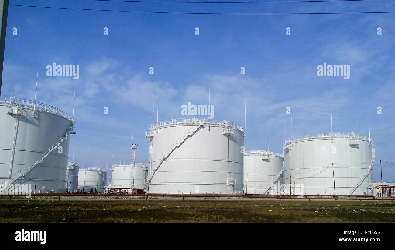 Storage tanks for petroleum products. Equipment refinery Stock Photo ...