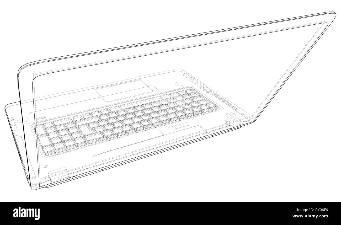 Laptop outline isolated on white background. Created illustration of 3d ...