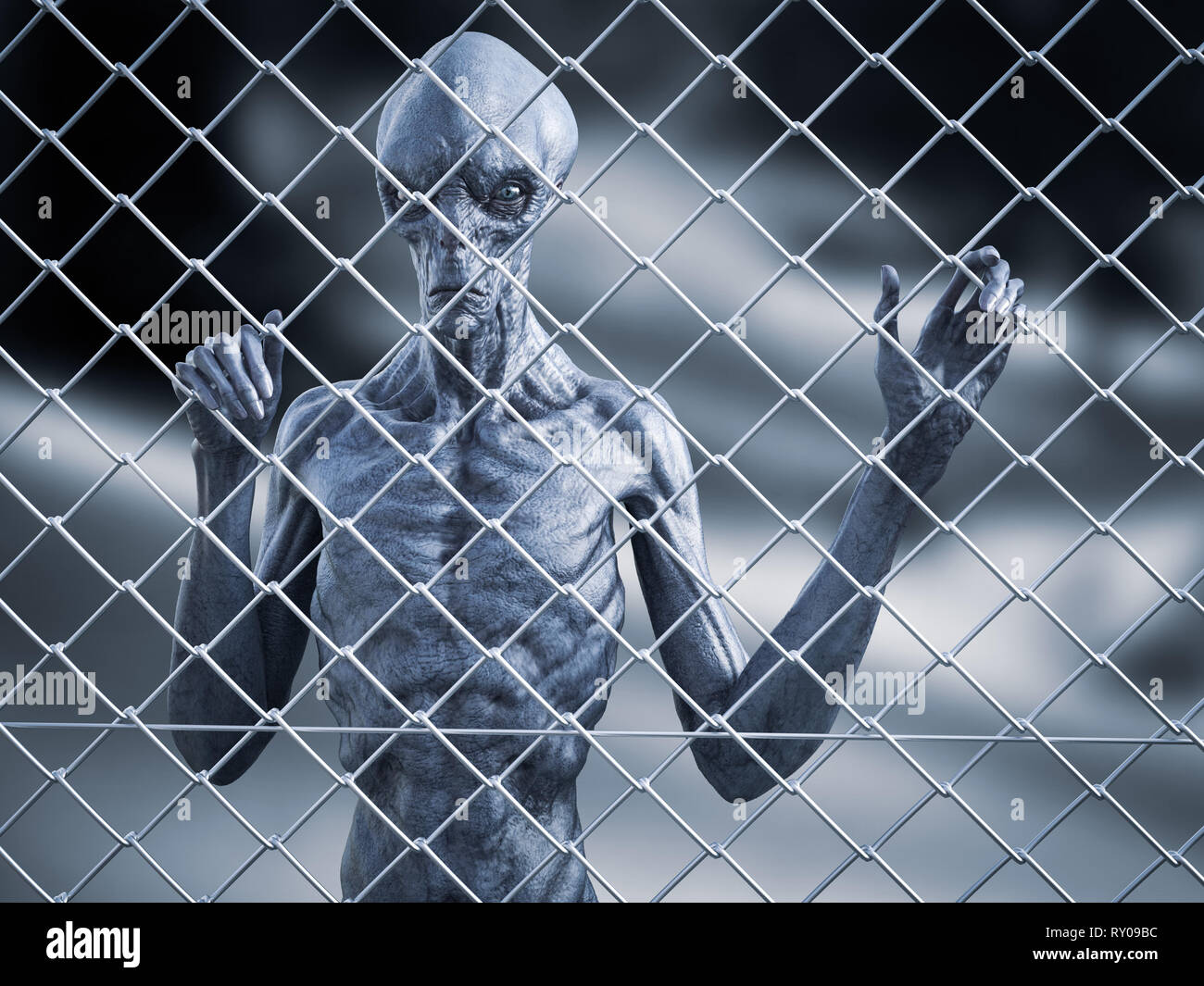3D rendering of an alien creature standing trapped behind a chain link ...