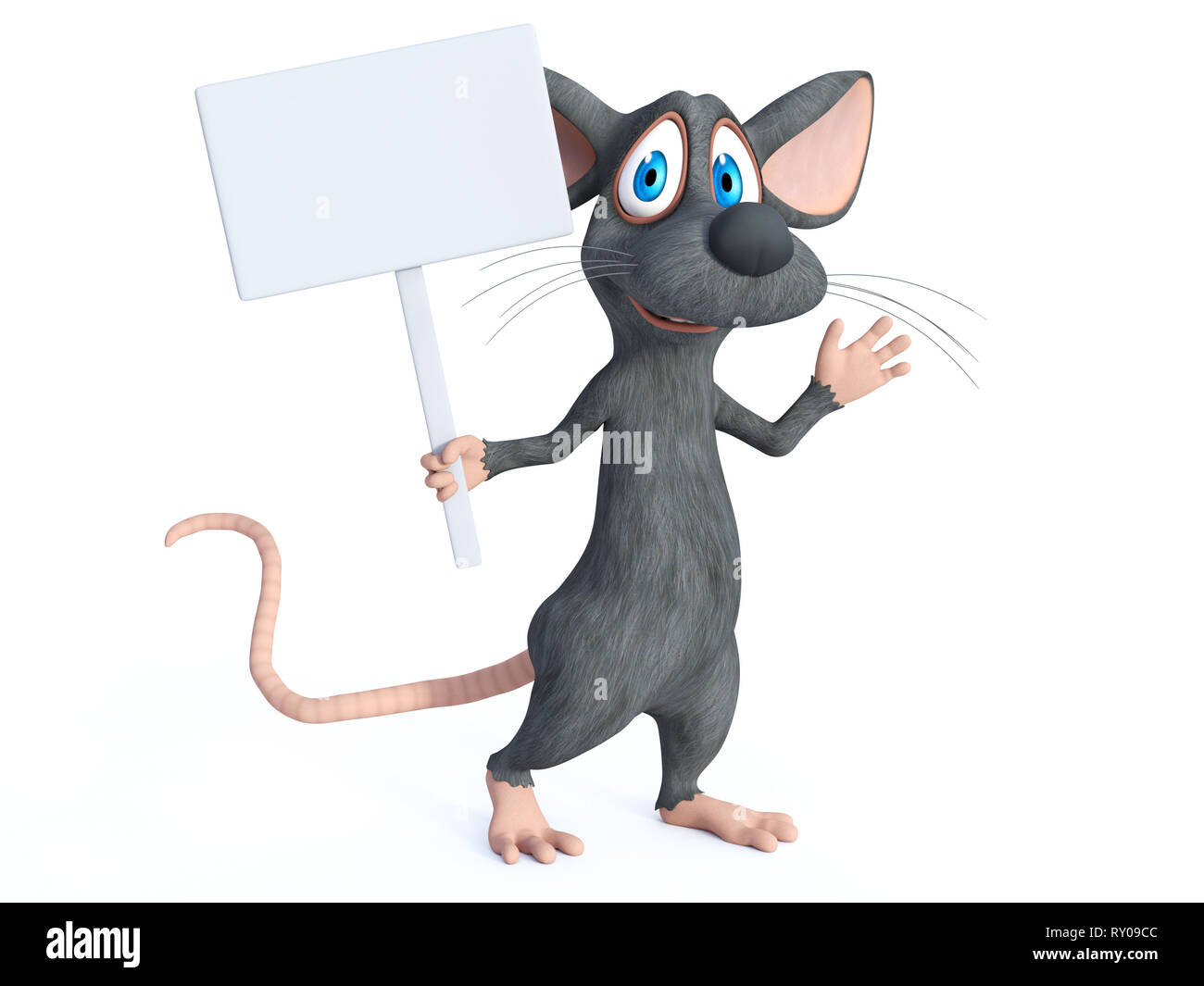 3D rendering of a cute smiling cartoon mouse holding a blank sign and ...