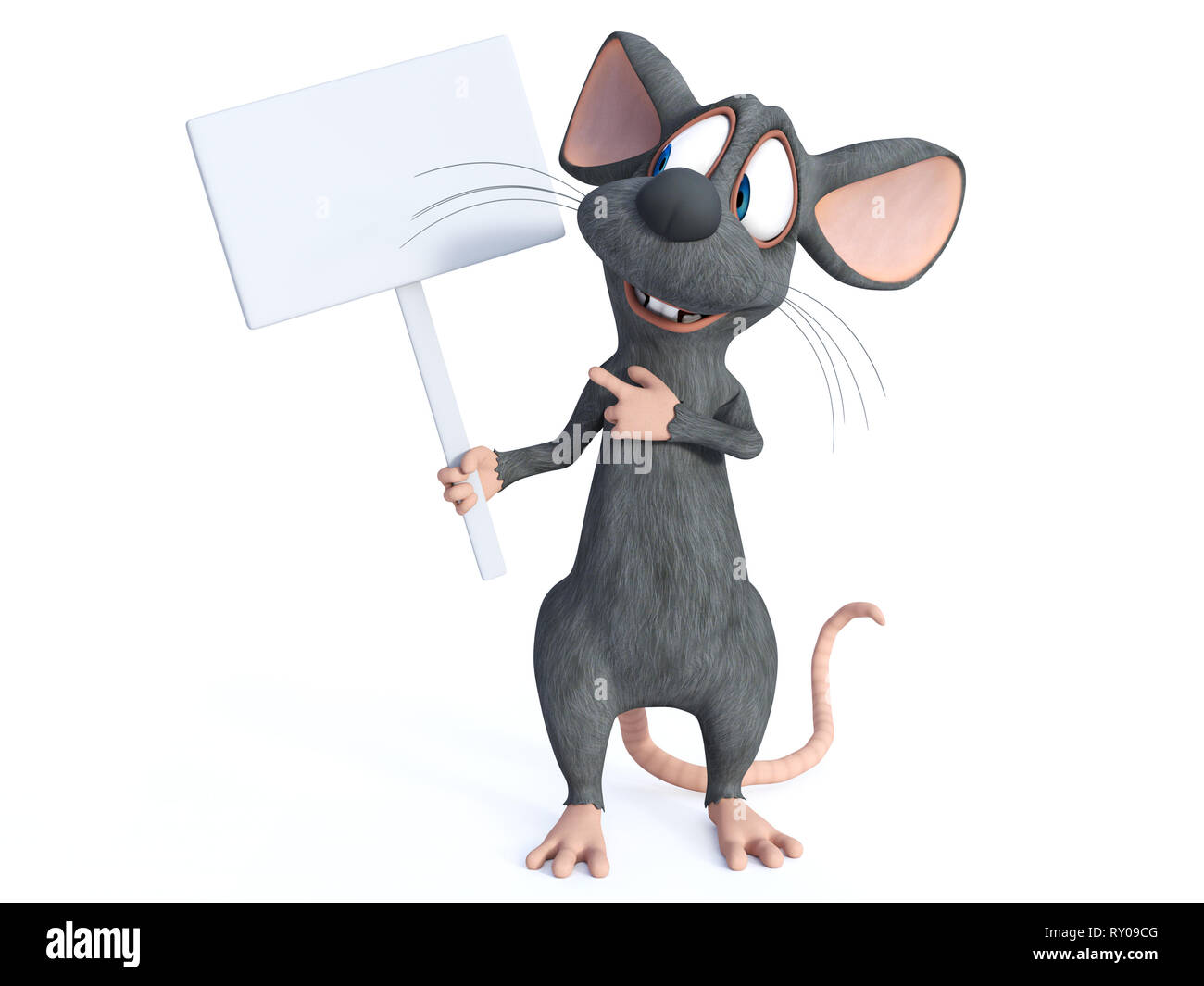 3D rendering of a cute smiling cartoon mouse holding a blank sign. He ...