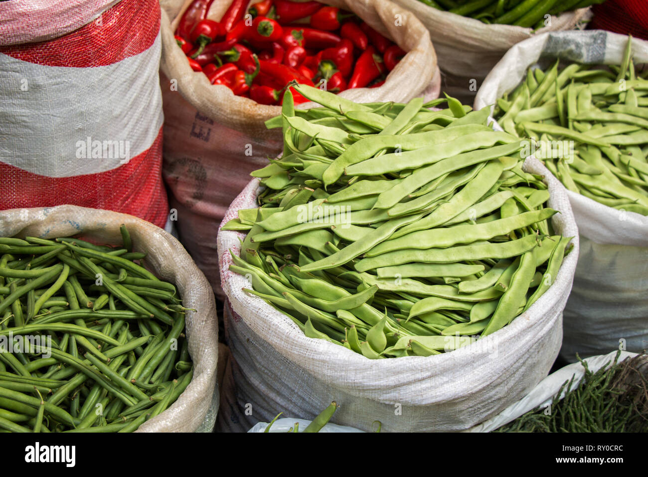 Green fresh beans in a sack in the view Stock Photo - Alamy
