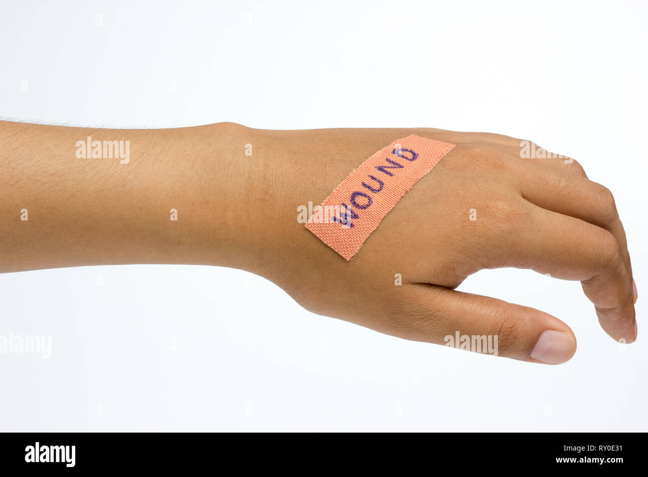 Medical plaster on the wound in women hand on white background Stock ...