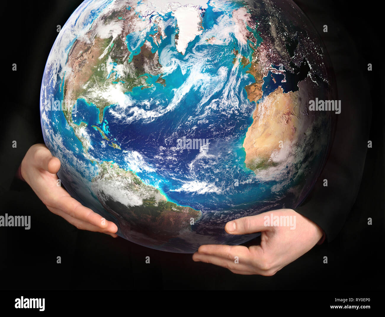 Save the Earth - conceptual picture. A man embraces the planet. Black ...