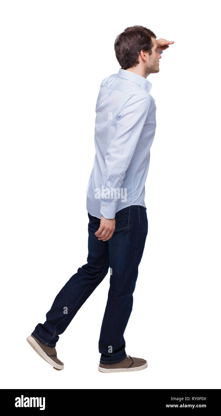 Side view of going handsome man. walking young guy . Rear view people ...