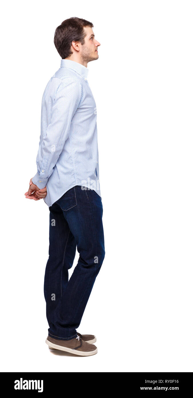 Side view of going handsome man. walking young guy . Rear view people ...