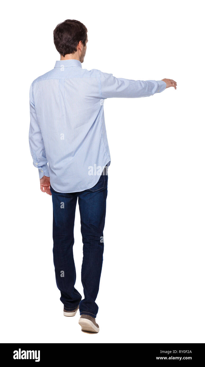 Back view of a man walking with a pointing hand. going guy showing ...