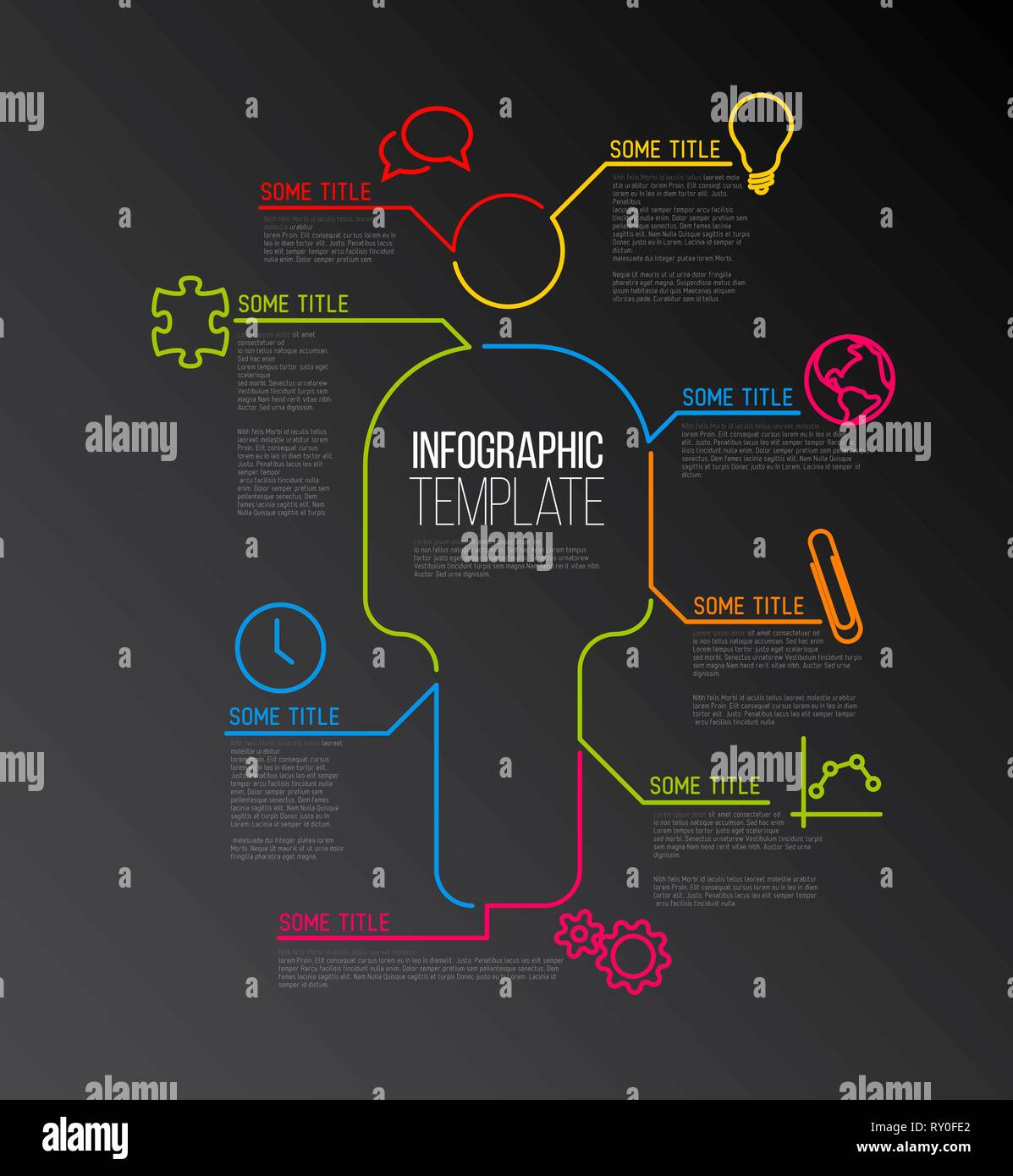 Vector Infographic report template made from lines and icons with figure - dark version Stock ...