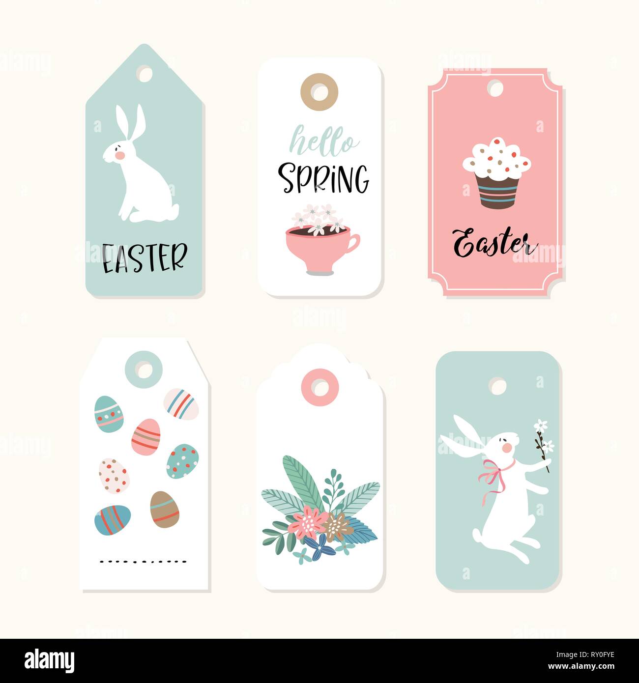 Set of cute Easter gift tags and labels with white rabbits, cup of ...