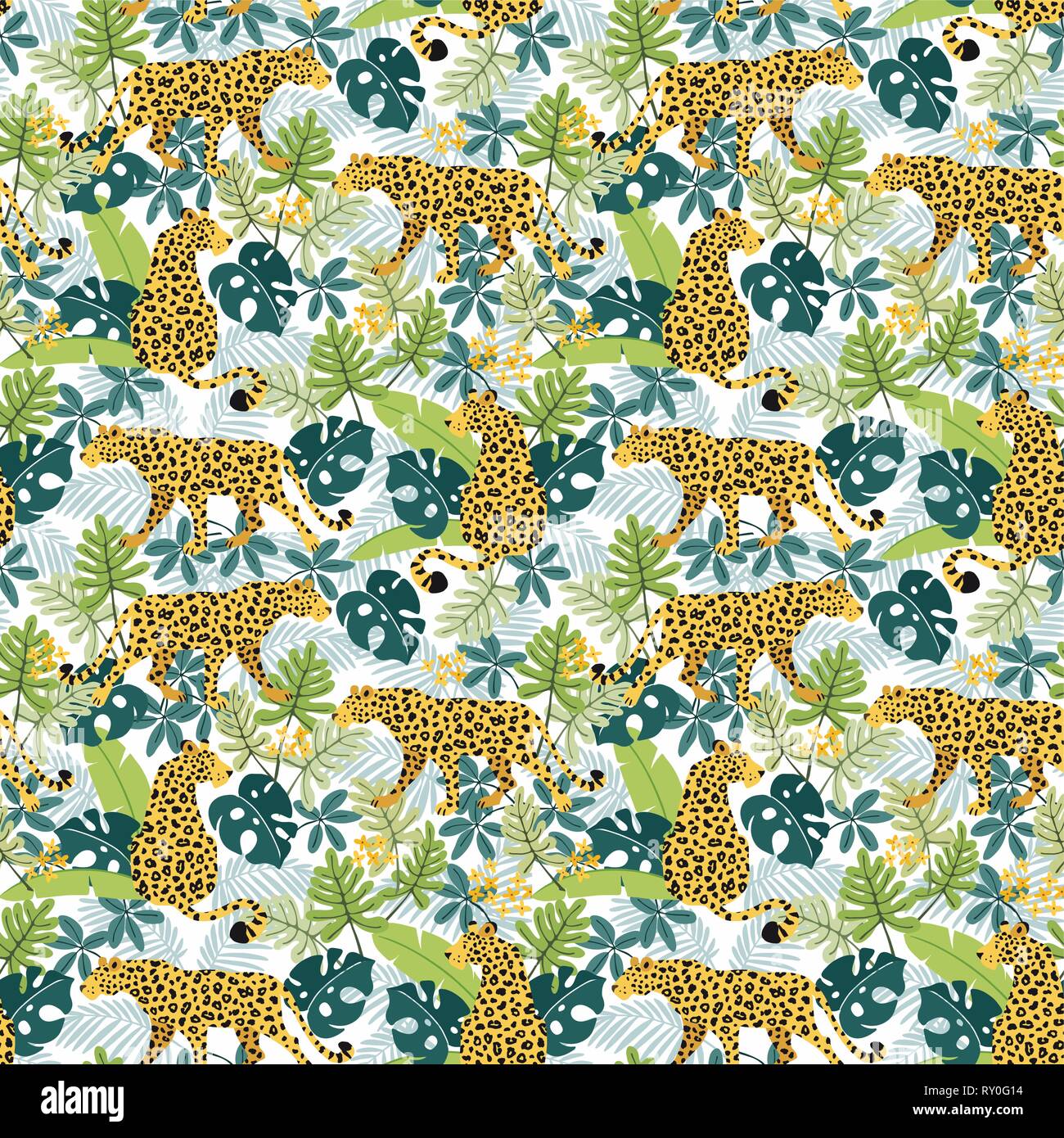Seamless animal pattern. Leopards with flowers, tropical monstera ...