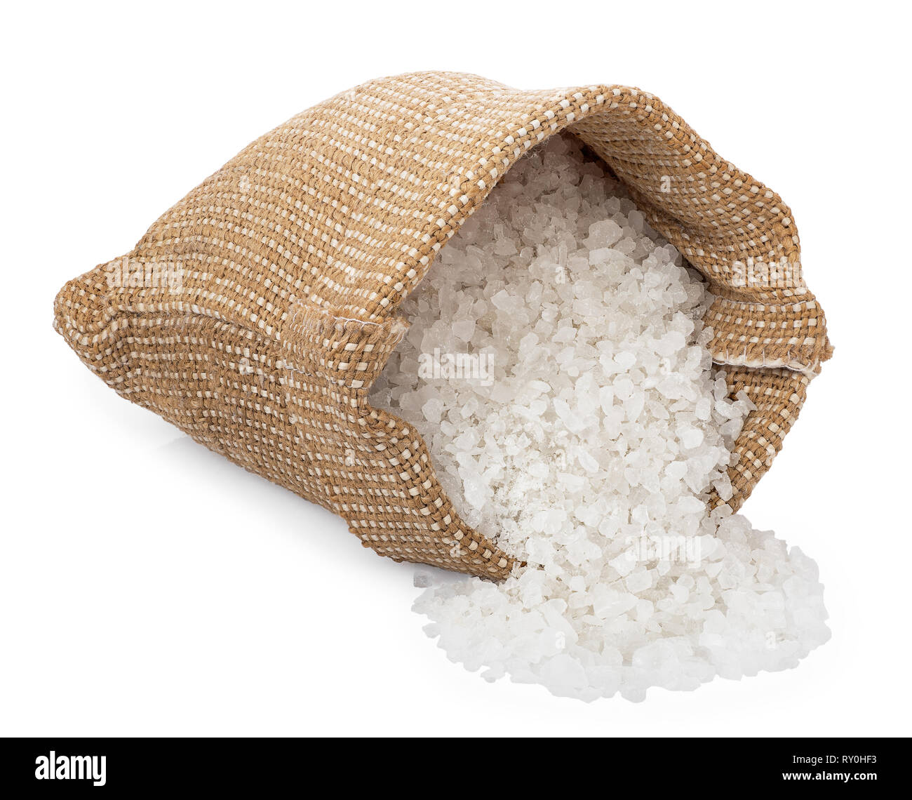 sea salt in burlap sack isolated on white background Stock Photo - Alamy
