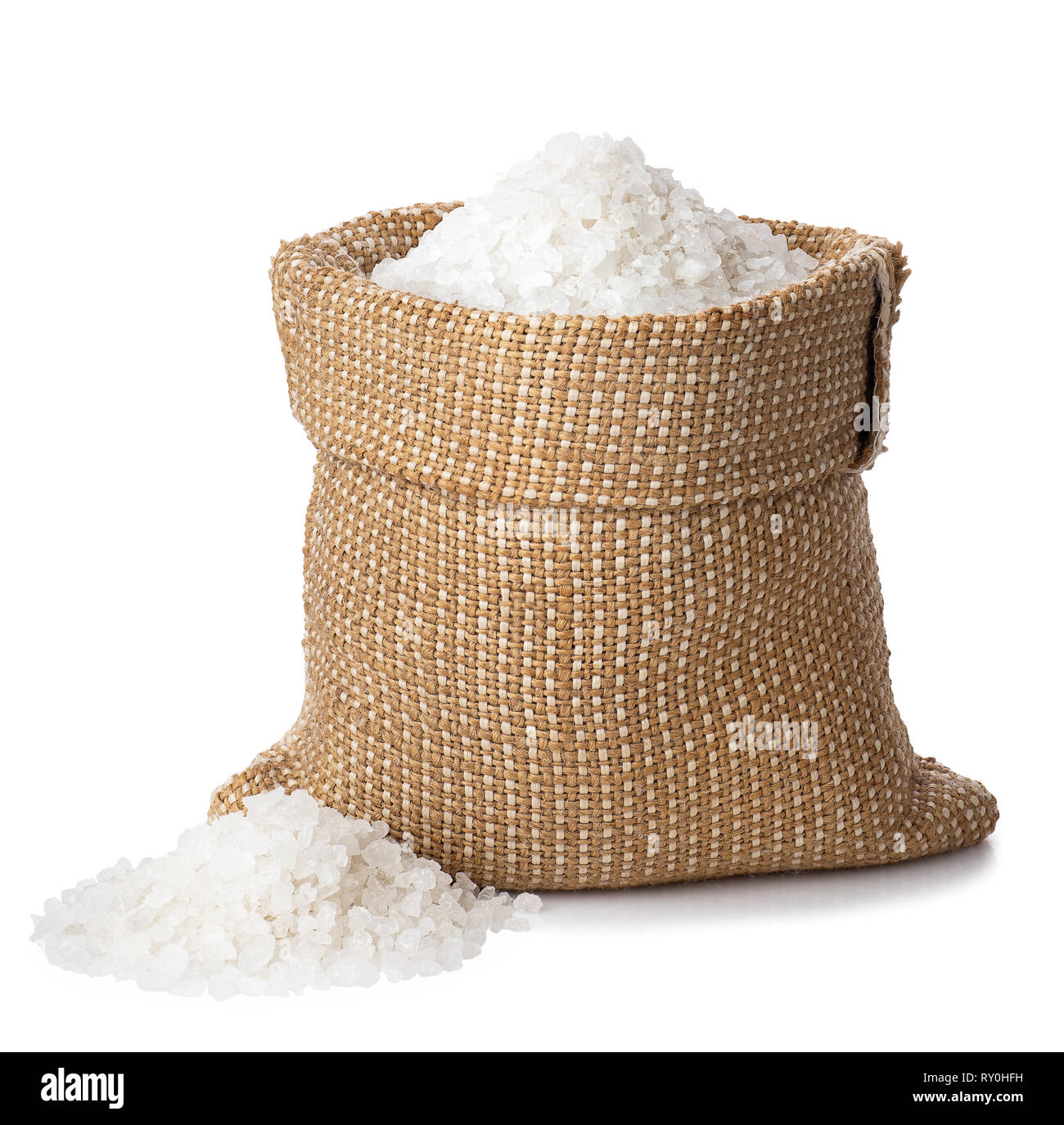 sea salt in burlap sack isolated on white background Stock Photo - Alamy