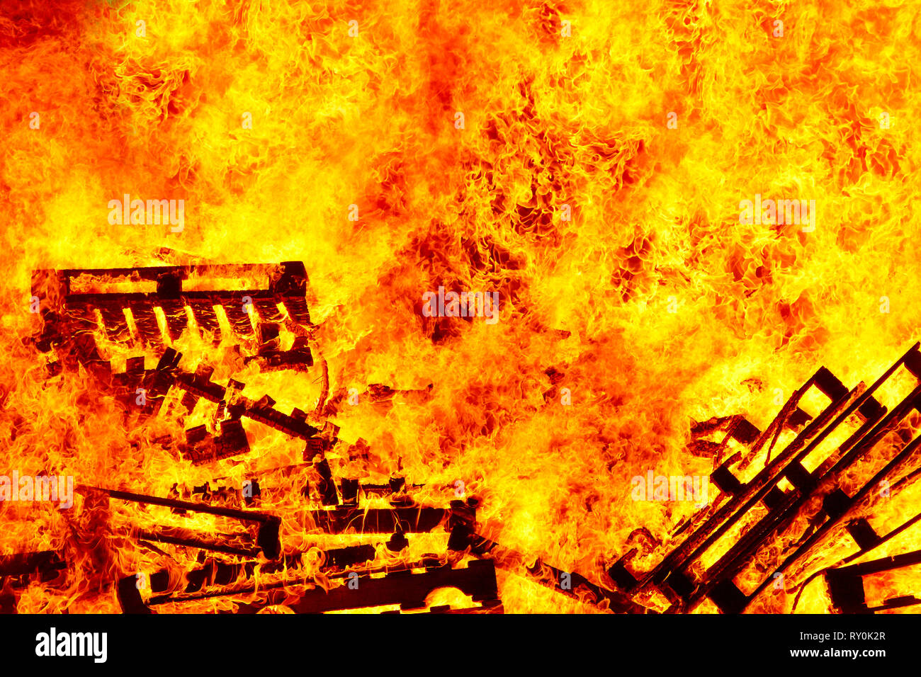 Burning fire. Bonfire. Fire fighting and flame ignition. Warning ...