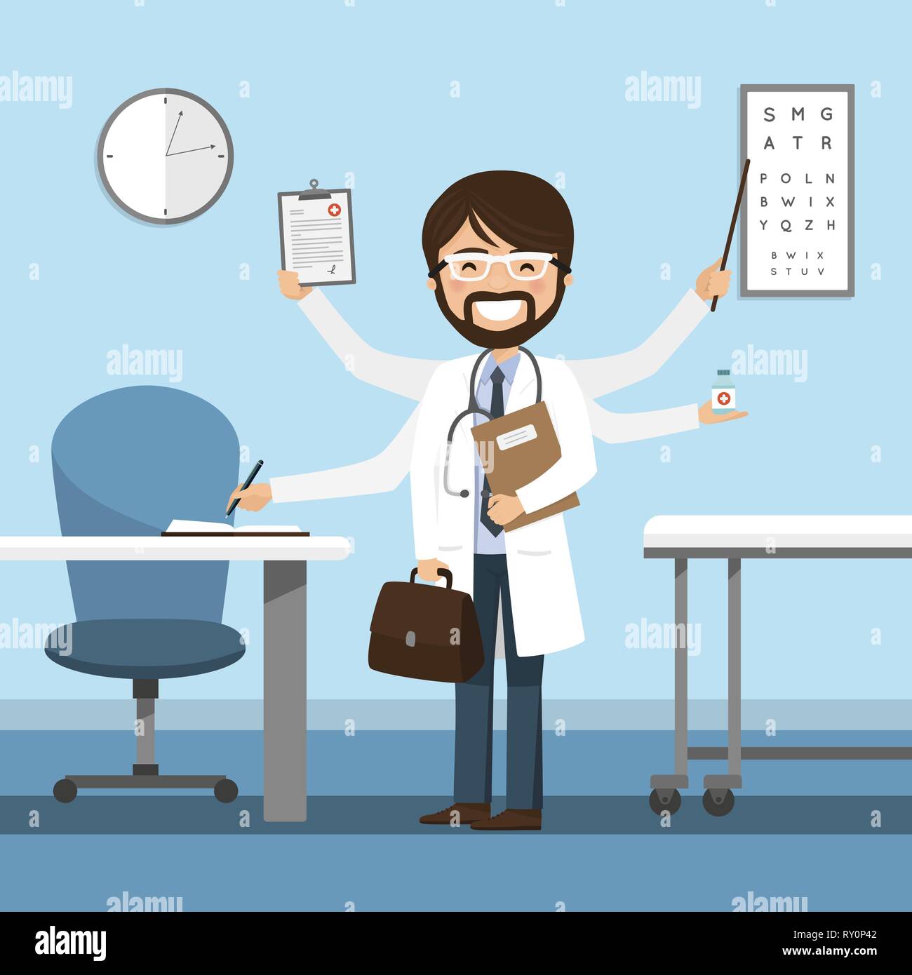 Man doctor multitasking at the hospital. Isolated medicine vector ...
