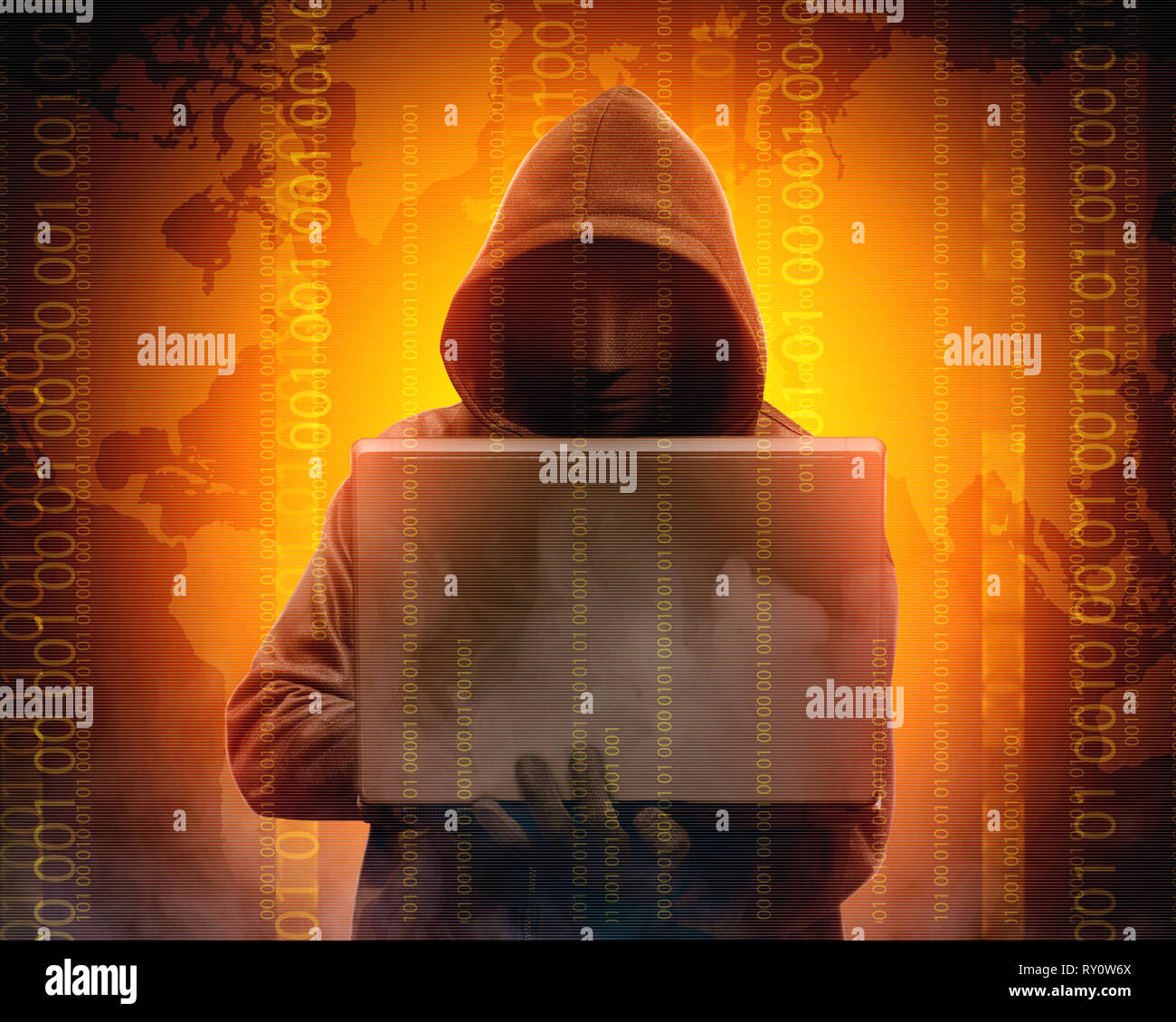 Hacker in black hoodie holding laptop with his hand and world map with ...