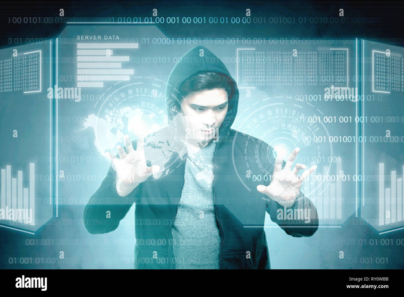 Young asian hacker in black hoodie touching virtual screen with server ...