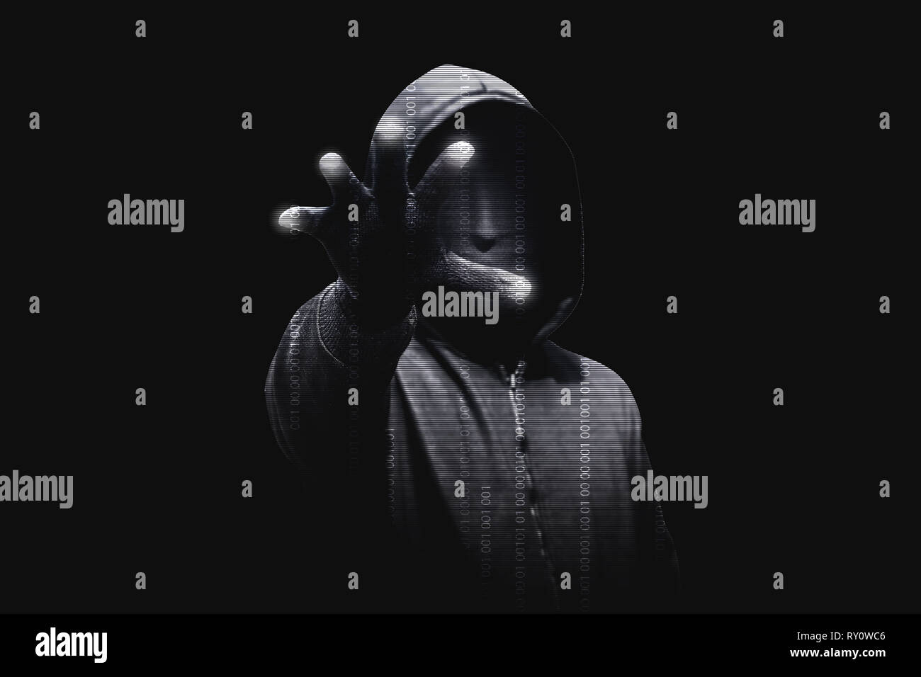 Hacker In Black Hoodie Standing With Open Palms Touch The Digital Binary Code With Dark