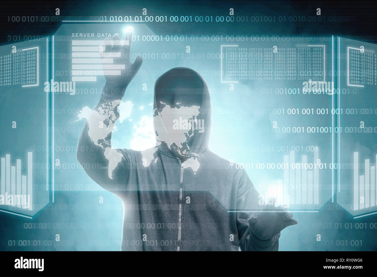 Hacker in black hoodie touching virtual screen with server data, binary ...