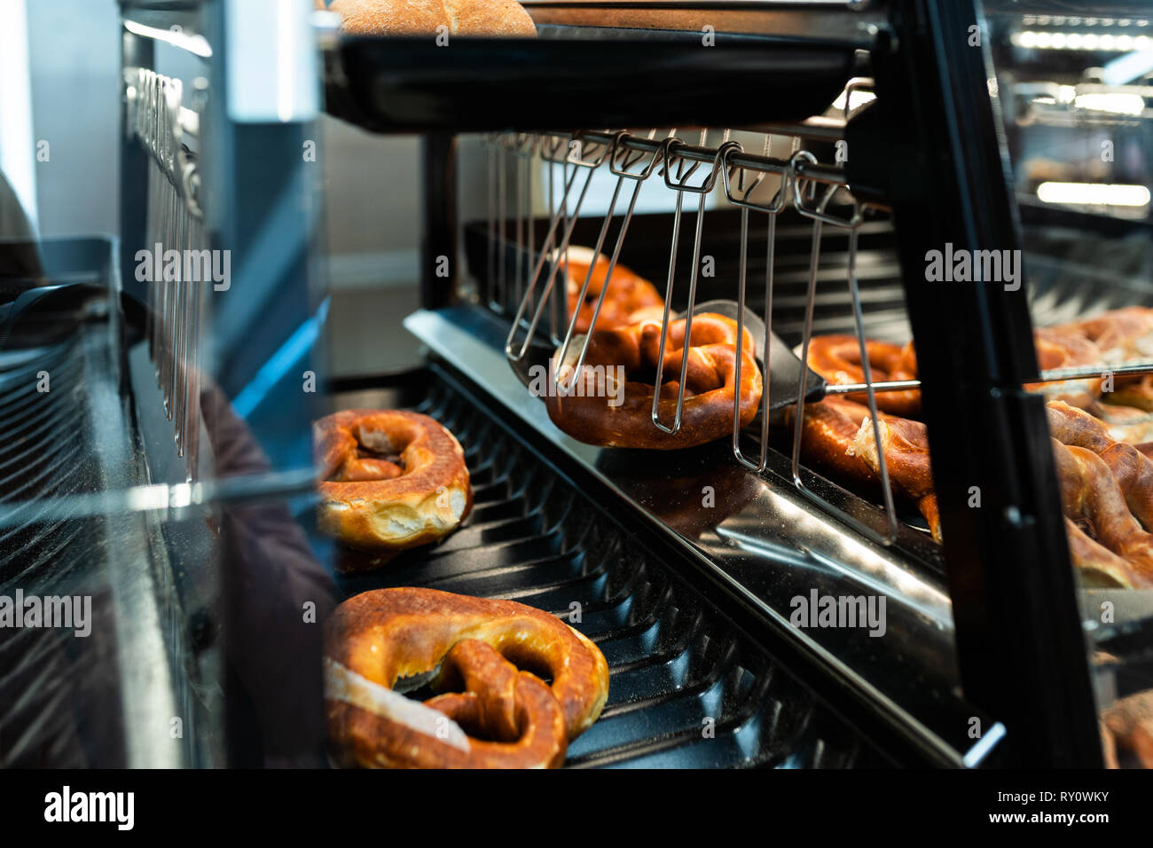 Germany national bakery - brezel. Fresh pretzel on bread shelf in store ...