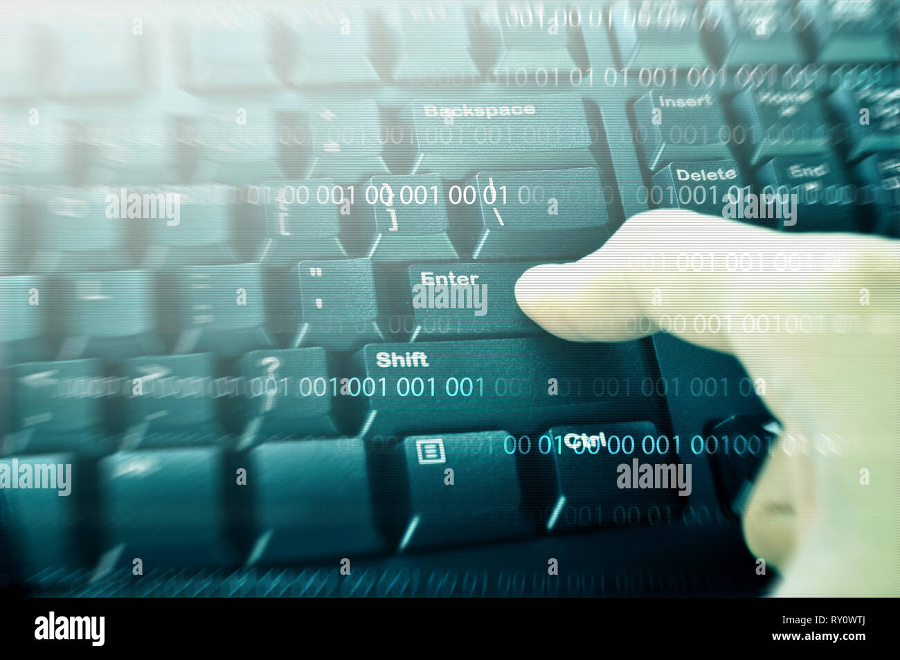 Hacker hand push the enter button on the keyboard with binary code ...