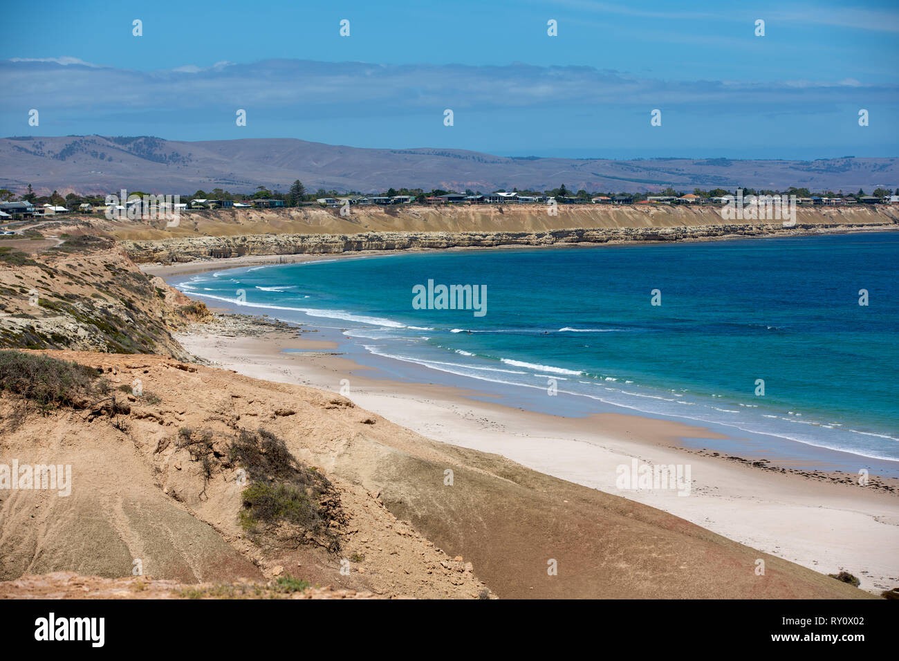 The iconic Port Willunga beach and surrounding cliffs on a clear sunny ...