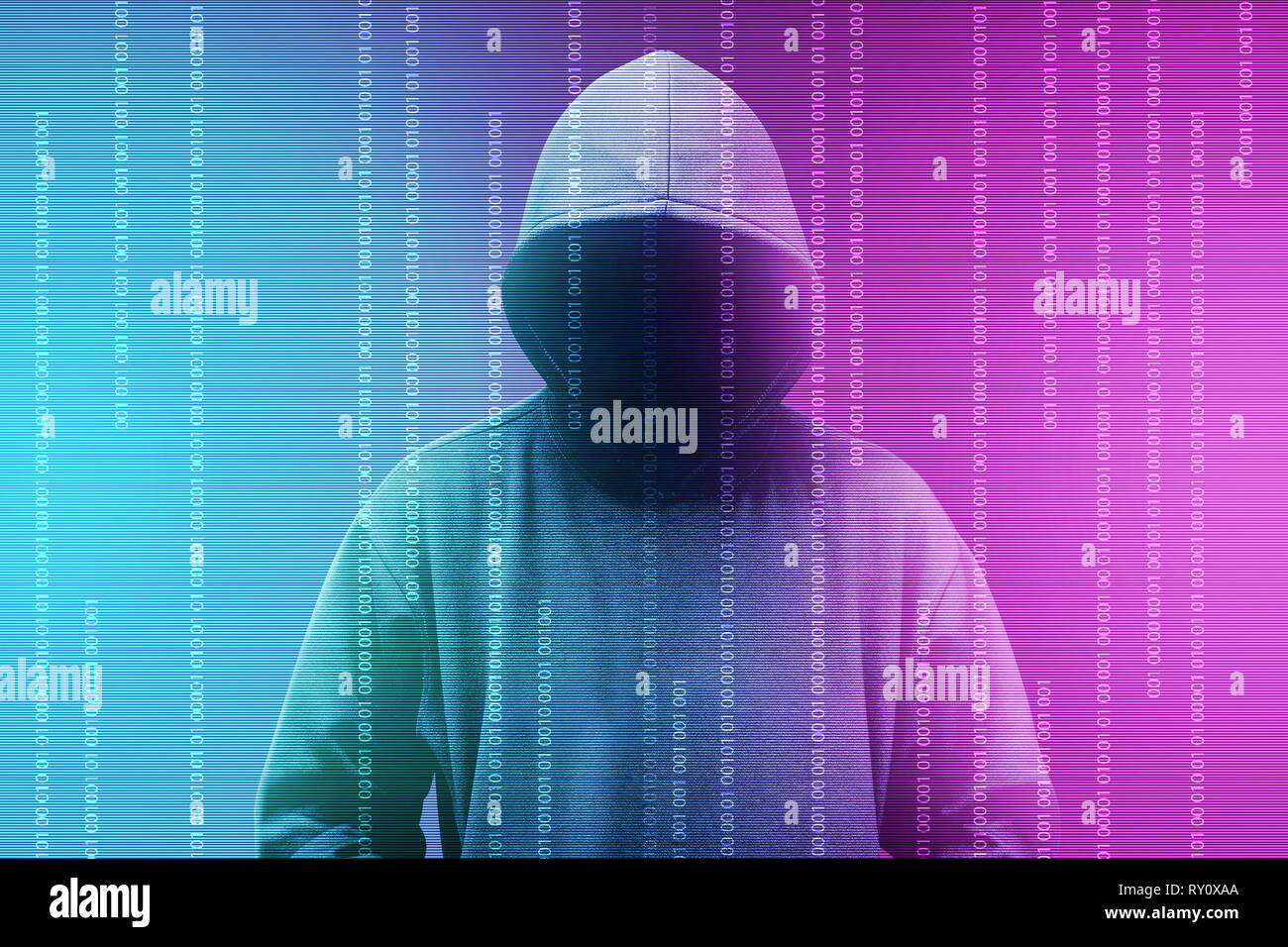 Hacker in black hoodie standing with digital binary code over colored background Stock Photo - Alamy